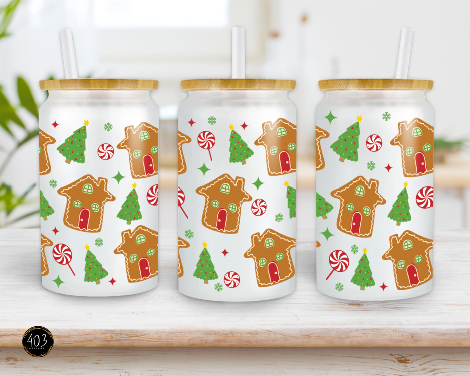 Gingerbread Houses- Libby Glass Can UV DTF Transfer – 403Designs